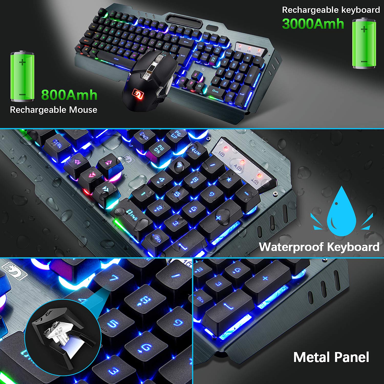 Wireless Gaming Keyboard and Mouse, Rechargeable, Rainbow Backlit with 3800mAh Battery Metal Panel,Mechanical Feel Keyboard and 7 Color Mute Mouse for Windows Computer Gamers