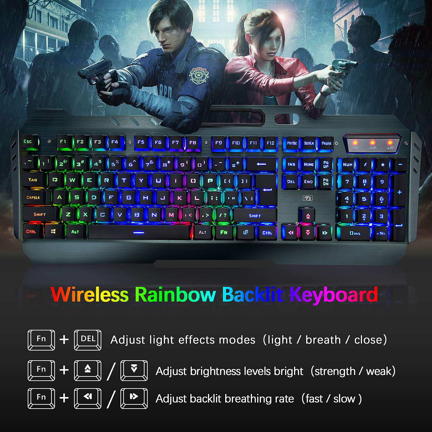 Wireless Gaming Keyboard and Mouse, Rechargeable, Rainbow Backlit with 3800mAh Battery Metal Panel,Mechanical Feel Keyboard and 7 Color Mute Mouse for Windows Computer Gamers