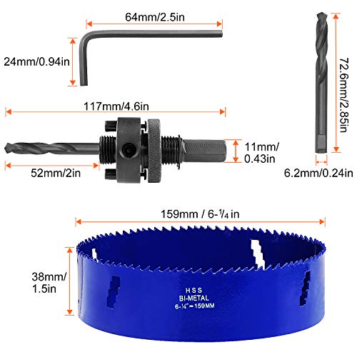 LANIAKEA 6.25 Hole Saw 6-1/4" Bi-Metal Hole Saw 159MM M42 Annular Hole Cutter HSS Variable Tooth Pitch Holesaw Set with Arbor Blue for Home DIYer