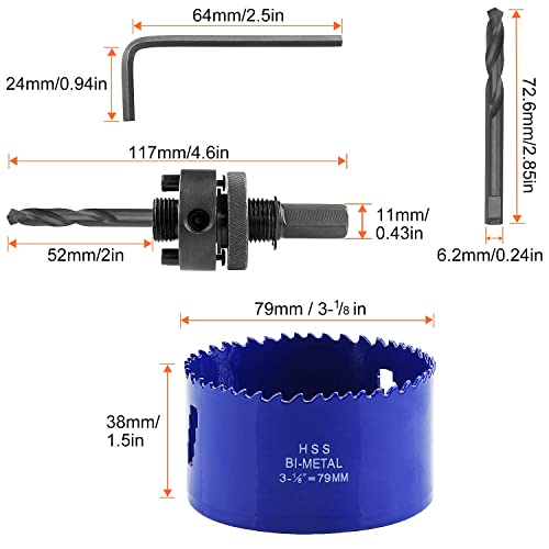 LANIAKEA 3-1/8-Inch Bi-Metal Hole Saw 79MM M42 Annular Hole Cutter HSS Variable Tooth Pitch Holesaw Set with Arbor Blue for Home DIYer