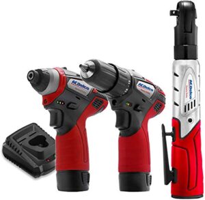 acdelco g12 series 3-tool cordless combo 2-speed drill/driver+ impact driver + ratchet wrench, 2-battery, arw1208-k10