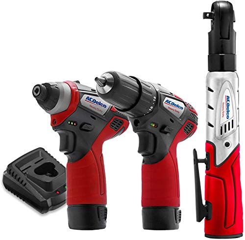 ACDelco G12 Series 3-Tool Cordless Combo 2-Speed Drill/Driver+ Impact Driver + Ratchet Wrench, 2-battery, ARW1208-K10