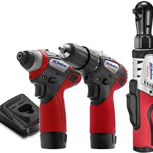 ACDelco G12 Series 3-Tool Cordless Combo 3/8" Brushless Ratchet Wrench + 2-Speed Drill/Driver+ Impact Driver, 2-battery, ARW12103-K11