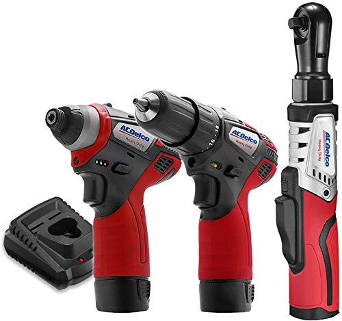 ACDelco G12 Series 3-Tool Cordless Combo 3/8" Brushless Ratchet Wrench + 2-Speed Drill/Driver+ Impact Driver, 2-battery, ARW12103-K11