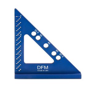 DFM Precision Engineering Square - Made in USA Small Carpenters Square Work Tools w/Fixed Miter Angle Pin 3.5" x 3.75" Size for Pocket 1/16" Scribe Holes 5 x 1/4" Pin Holes (English - Blue)