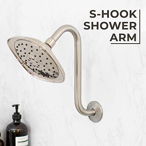 12 Inch Shower Head Extension Arm by JSJacksonSupplies S Shaped Design Extender High Rise Curved Style with Flange Stainless Steel Long Goose Neck Curve Standard 1/2" Connection Brushed Nickel Finish