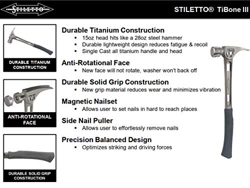 Stiletto TB3MC 15oz. Ti-Bone 3 Titanium Hammer with Milled Face, Curved Handle and New Improved Model Anti-rotational Face