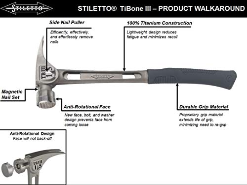 Stiletto TB3MC 15oz. Ti-Bone 3 Titanium Hammer with Milled Face, Curved Handle and New Improved Model Anti-rotational Face