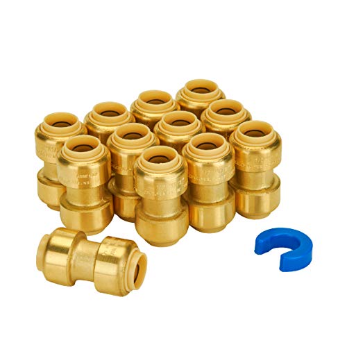 SUNGATOR Fittings 1/2 Inch, Pushfit Plumbing Fittings 1/2 Inch, Push 1/2 Inch Coupling Fittings, No Lead Brass Push to Connect Fittings for Pex, Copper, CPVC, with 1 Disconnect Clip, Pack of 12