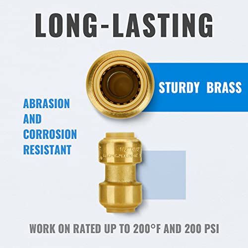 SUNGATOR Fittings 1/2 Inch, Pushfit Plumbing Fittings 1/2 Inch, Push 1/2 Inch Coupling Fittings, No Lead Brass Push to Connect Fittings for Pex, Copper, CPVC, with 1 Disconnect Clip, Pack of 12