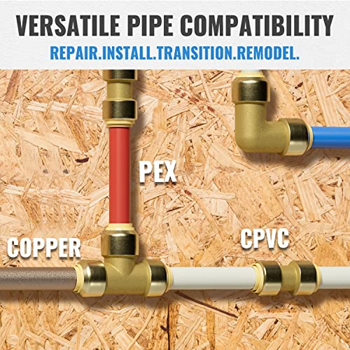 SUNGATOR Pushfit 1/2" Tee Fittings, Plumbing T Fittings 1/2 Inch, No Lead Brass Push to Connect Fittings, Push Pex Fittings Tee for PEX, Copper, CPVC Transition, with 1 Disconnect Clip, Pack of 6