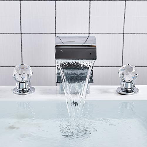 FUZ High Arc Waterfall Spout Bathroom Sink Faucet 3 Holes 2 Crystal Knobs Vanity Basin Mixer Tap 8-inch and Upwards Widespread Bathtub Filler Faucet,Chrome Finish