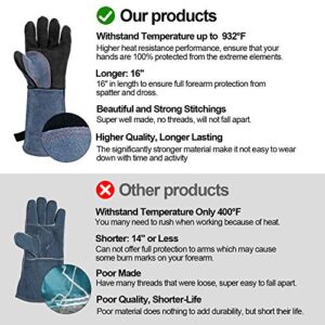 HZXVOGEN 16 Inches 932℉ Heat Fire Resistant Welding Gloves BBQ Grill Gloves for Arc Tig Mig Wood Stove Barking Oven Fireplace Welder Gloves – Free Size for Men Women