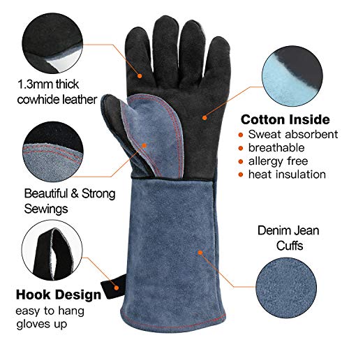 HZXVOGEN 16 Inches 932℉ Heat Fire Resistant Welding Gloves BBQ Grill Gloves for Arc Tig Mig Wood Stove Barking Oven Fireplace Welder Gloves – Free Size for Men Women