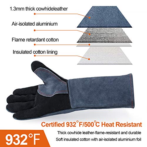 HZXVOGEN 16 Inches 932℉ Heat Fire Resistant Welding Gloves BBQ Grill Gloves for Arc Tig Mig Wood Stove Barking Oven Fireplace Welder Gloves – Free Size for Men Women