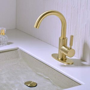 Single Handle Bathroom Lavatory Sink Faucet Mixer,Basin Faucet with Pop-up Sink Drain and Deck Plate,Bar Sink Faucet,Brushed Gold