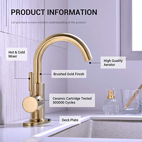 Single Handle Bathroom Lavatory Sink Faucet Mixer,Basin Faucet with Pop-up Sink Drain and Deck Plate,Bar Sink Faucet,Brushed Gold