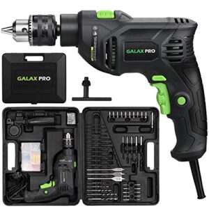 galax pro 5amp 1/2-inch corded impact drill with 105pcs accessories, variable speed 0-3000, hammer and drill 2 functions in 1, 360°rotating handle, depth gauge, carrying case included