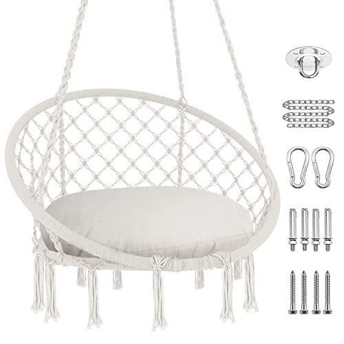 Patio Watcher Hammock Chair Hanging Macrame Swing with Cushion and Hardware Kits, Max 330 Lbs, Handmade Knitted Mesh Rope Swing Chair for Indoor, Outdoor, Bedroom, Patio, Yard, Deck, Garden, Beige