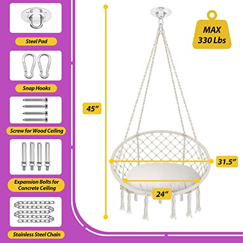 Patio Watcher Hammock Chair Hanging Macrame Swing with Cushion and Hardware Kits, Max 330 Lbs, Handmade Knitted Mesh Rope Swing Chair for Indoor, Outdoor, Bedroom, Patio, Yard, Deck, Garden, Beige