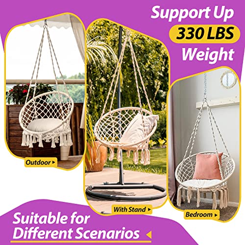 Patio Watcher Hammock Chair Hanging Macrame Swing with Cushion and Hardware Kits, Max 330 Lbs, Handmade Knitted Mesh Rope Swing Chair for Indoor, Outdoor, Bedroom, Patio, Yard, Deck, Garden, Beige