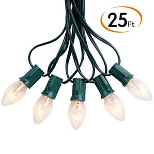 C9 Clear Christmas String Lights, Outdoor Christmas Lights String, Hanging Christmas Roofline Lights, Patio Lights for Outdoor Decor, Green Wire, 25 Feet