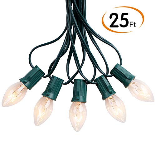 C9 Clear Christmas String Lights, Outdoor Christmas Lights String, Hanging Christmas Roofline Lights, Patio Lights for Outdoor Decor, Green Wire, 25 Feet