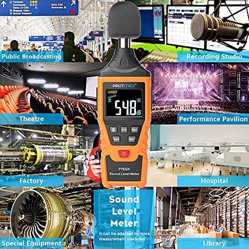 Protmex PT622A Sound Level Meter, Digital Decibel Reader Measurement, Range 30-130 dB with Large LCD Screen Display, Accuracy 1.5dB Noise Meter, Fast and Slow Selection