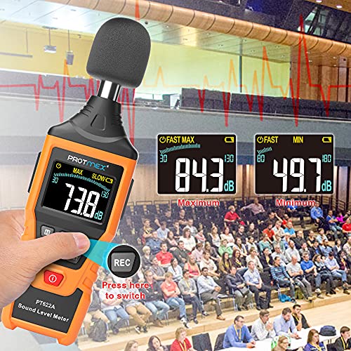 Protmex PT622A Sound Level Meter, Digital Decibel Reader Measurement, Range 30-130 dB with Large LCD Screen Display, Accuracy 1.5dB Noise Meter, Fast and Slow Selection