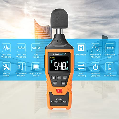 Protmex PT622A Sound Level Meter, Digital Decibel Reader Measurement, Range 30-130 dB with Large LCD Screen Display, Accuracy 1.5dB Noise Meter, Fast and Slow Selection