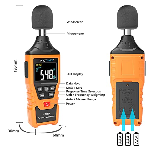 Protmex PT622A Sound Level Meter, Digital Decibel Reader Measurement, Range 30-130 dB with Large LCD Screen Display, Accuracy 1.5dB Noise Meter, Fast and Slow Selection