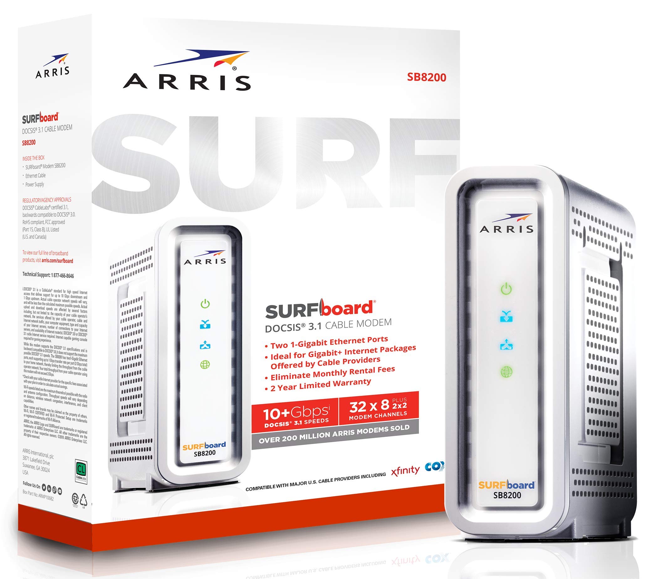 ARRIS Surfboard Docsis 3.1 Gigabit Speed Cable Modem, Approved for Cox, Spectrum and Xfinity, (SB8200 Frustration Free) & AmazonBasics RJ45 Cat-6 Ethernet Patch Internet Cable - 5 Feet