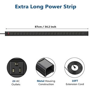 BTU Long Heavy Duty Power Strip 24 Outlet Large Metal Power Strip Garage Workshop Commercial Industrial Power Strip with Circuit Breaker.10FT Cord 15A 125V 1875W (Black)