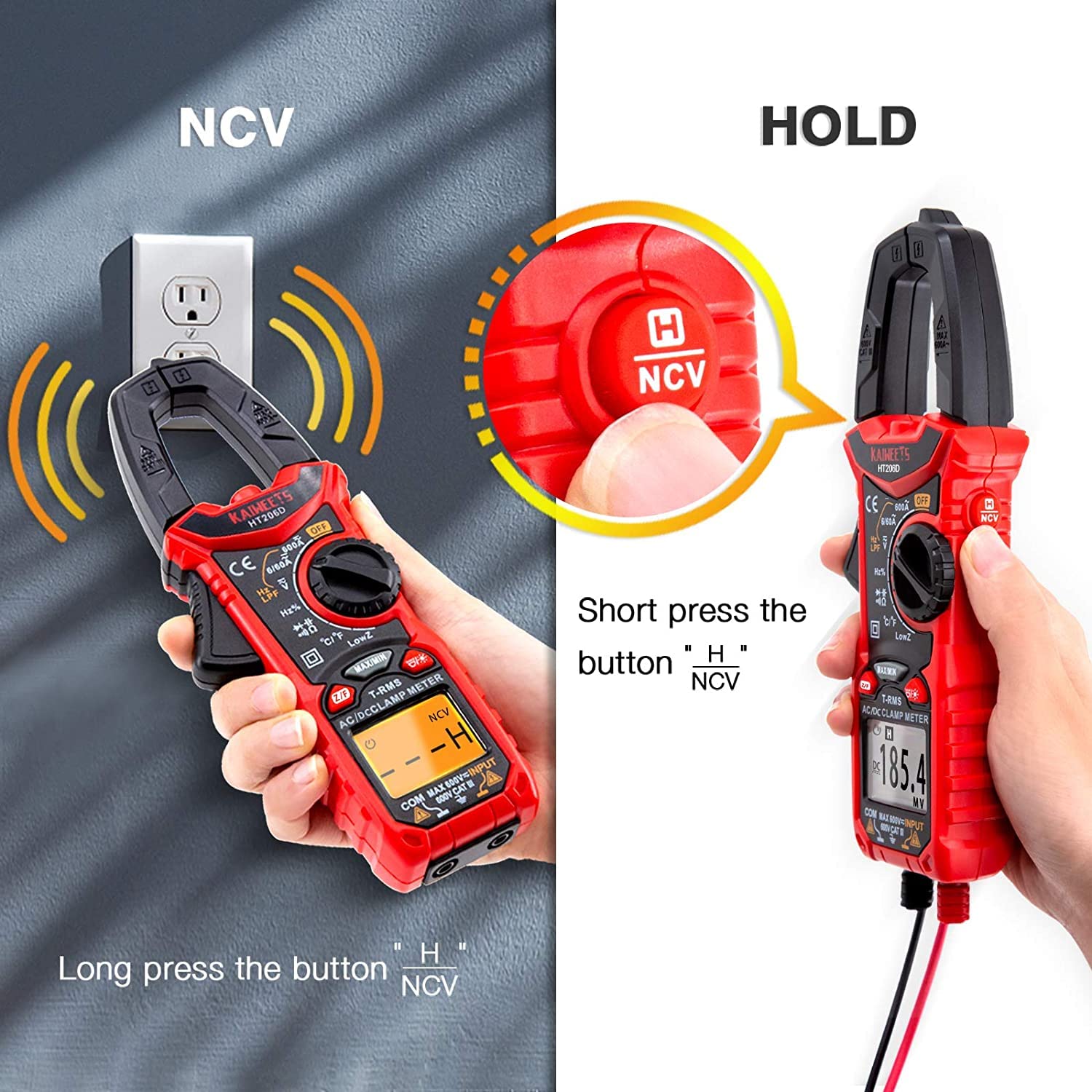 KAIWEETS HT206D Digital Clamp Meter T-RMS 6000 Counts, Multimeter Voltage Tester Auto-ranging, Measures Current Voltage Temperature Capacitance Resistance Diodes Continuity Duty-Cycle (AC/DC)