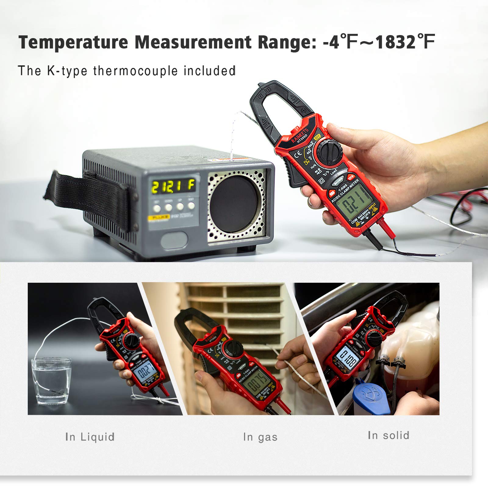 KAIWEETS HT206D Digital Clamp Meter T-RMS 6000 Counts, Multimeter Voltage Tester Auto-ranging, Measures Current Voltage Temperature Capacitance Resistance Diodes Continuity Duty-Cycle (AC/DC)