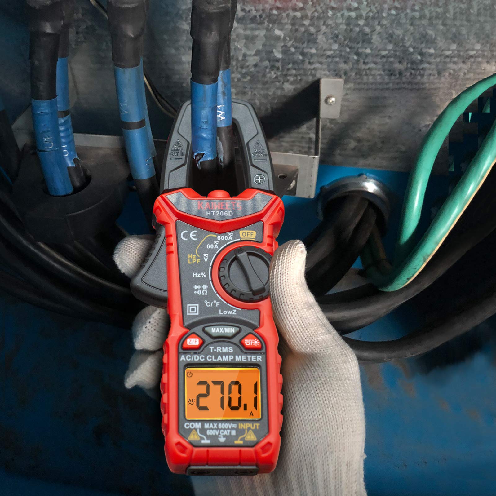 KAIWEETS HT206D Digital Clamp Meter T-RMS 6000 Counts, Multimeter Voltage Tester Auto-ranging, Measures Current Voltage Temperature Capacitance Resistance Diodes Continuity Duty-Cycle (AC/DC)