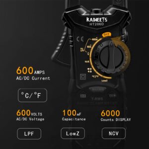 KAIWEETS HT206D Digital Clamp Meter T-RMS 6000 Counts, Multimeter Voltage Tester Auto-ranging, Measures Current Voltage Temperature Capacitance Resistance Diodes Continuity Duty-Cycle (AC/DC)