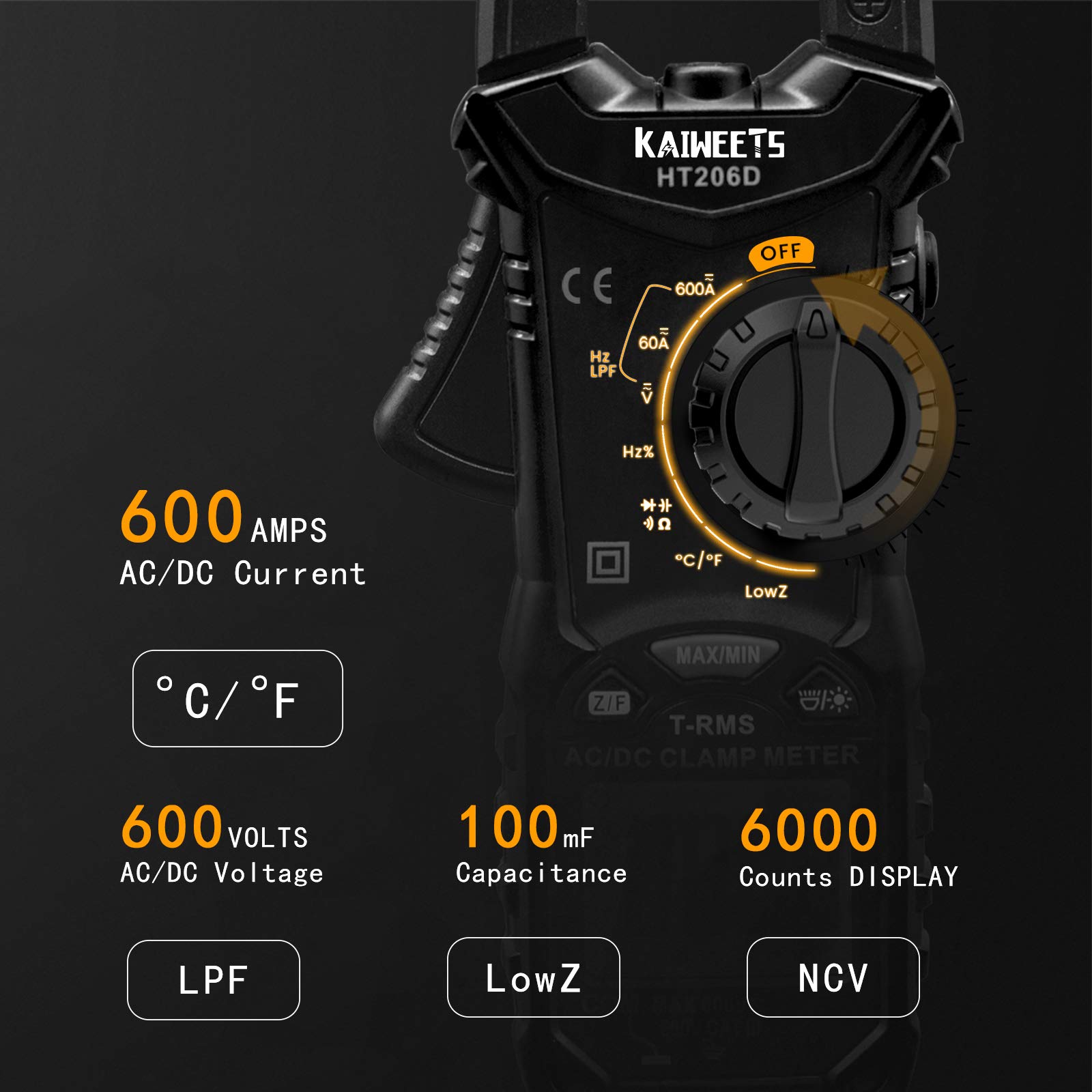 KAIWEETS HT206D Digital Clamp Meter T-RMS 6000 Counts, Multimeter Voltage Tester Auto-ranging, Measures Current Voltage Temperature Capacitance Resistance Diodes Continuity Duty-Cycle (AC/DC)