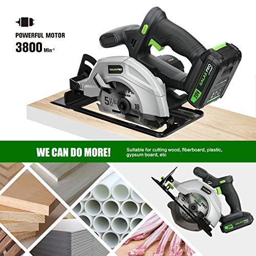 GALAX PRO DC-20V 5-1/2” Cordless Circular Saw with 2Pcs Blades (18T+48T), 3800RPM Variable Speed, Includes 2.0Ah Lithium Battery and Fast Charger, Max Cutting Depth 1-5/8”(90°), 1-7/16”(45°)