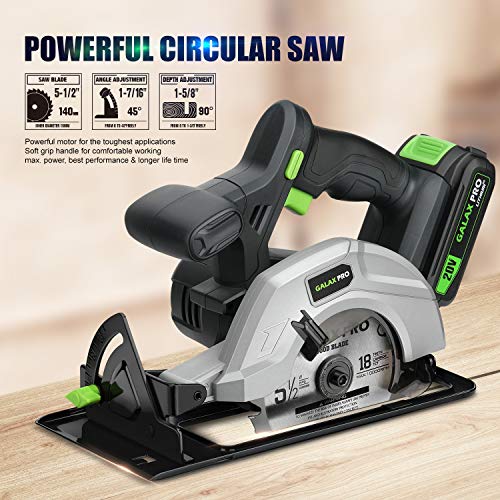 GALAX PRO DC-20V 5-1/2” Cordless Circular Saw with 2Pcs Blades (18T+48T), 3800RPM Variable Speed, Includes 2.0Ah Lithium Battery and Fast Charger, Max Cutting Depth 1-5/8”(90°), 1-7/16”(45°)