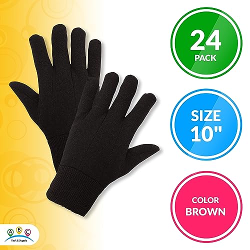 ABC Brown Jersey Gloves 10" Size, Pack of 24 Cotton Work Gloves with Elastic Knit Wrist, Polyester Breathable Gloves for Men and Women, Industrial Gloves for Construction Works, Gardening Gloves