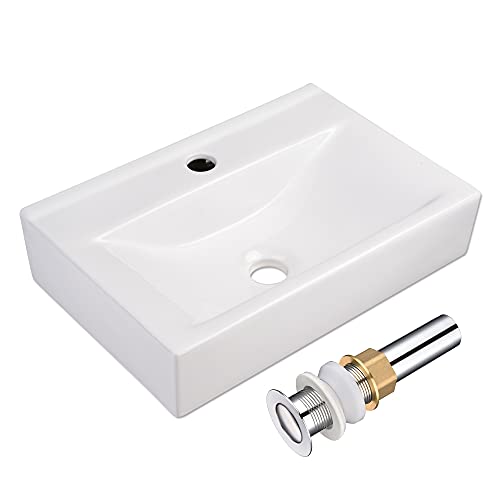 Aquaterior 18" x 12" Modern Rectangle Bathroom Vessel Sink and Drain Combo Wall Mount Ceramic Porcelain Washing Basin Counter Top Lavatory White