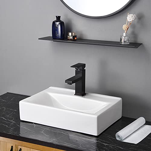 Aquaterior 18" x 12" Modern Rectangle Bathroom Vessel Sink and Drain Combo Wall Mount Ceramic Porcelain Washing Basin Counter Top Lavatory White