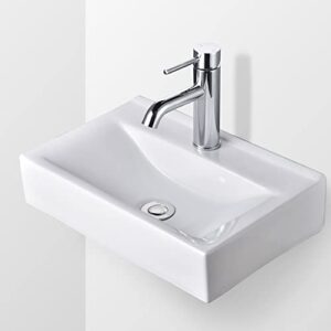 Aquaterior 18" x 12" Modern Rectangle Bathroom Vessel Sink and Drain Combo Wall Mount Ceramic Porcelain Washing Basin Counter Top Lavatory White