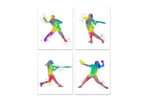 softball player sport abstract wall art print 8x10, set of 4, includes catcher and pitcher, teen girl bedroom dorm room decor, ideal for teacher, coach, fan, club award night