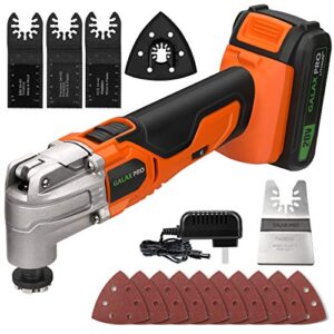 galax pro oscillating tool, 20v lithium ion cordless oscillating multi tool with 1.3ah battery and charger, 3pcs blade and 10pcs sanding papers for sanding, grinding(orange)