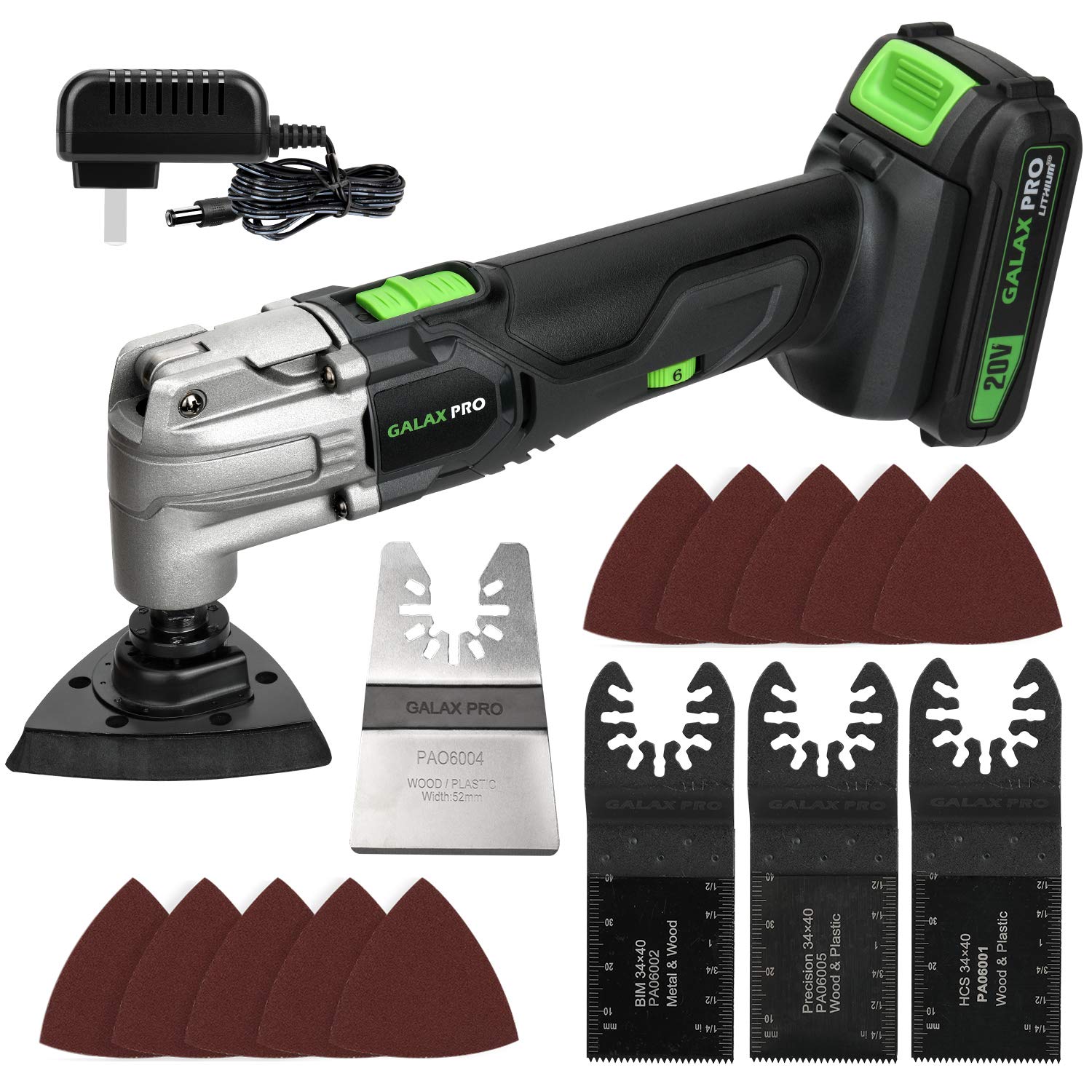 GALAX PRO Oscillating Tool, 20V Lithium Ion Cordless Oscillating Multi Tool with 1.3Ah Battery and Charger, 3pcs Blade and 10pcs Sanding Papers for Sanding, Grinding