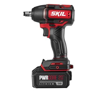 SKIL PWR CORE 20 Brushless 20V 1/2 Inch Impact Wrench Included 5.0Ah Battery, PWR JUMP Charger and PWR ASSIST USB Adapter - IW5739-1A