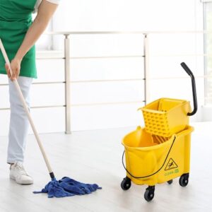 Restaurantware Clean 38 Quart Industrial Mop Bucket, 1 Combo Mop Wringer Bucket - With Side Press Wringer, Built-In Casters, Yellow Plastic Commercial Mop Bucket, Carry Handle, For Commercial Use