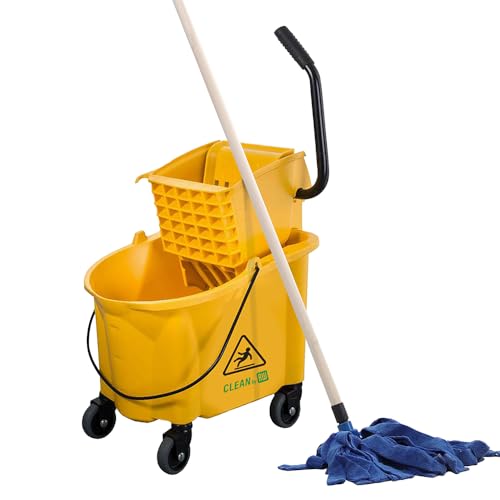 Restaurantware Clean 38 Quart Industrial Mop Bucket, 1 Combo Mop Wringer Bucket - With Side Press Wringer, Built-In Casters, Yellow Plastic Commercial Mop Bucket, Carry Handle, For Commercial Use